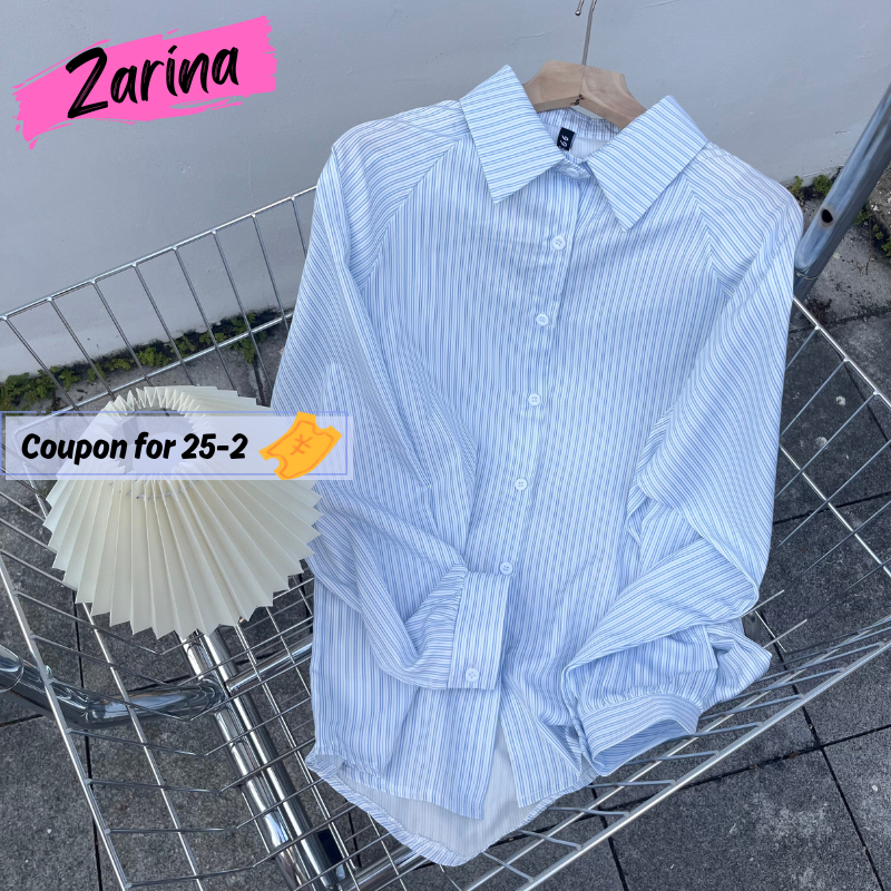 【ZARINA】Blue stripe blouse loose blouse long sleeve shirt for women ...