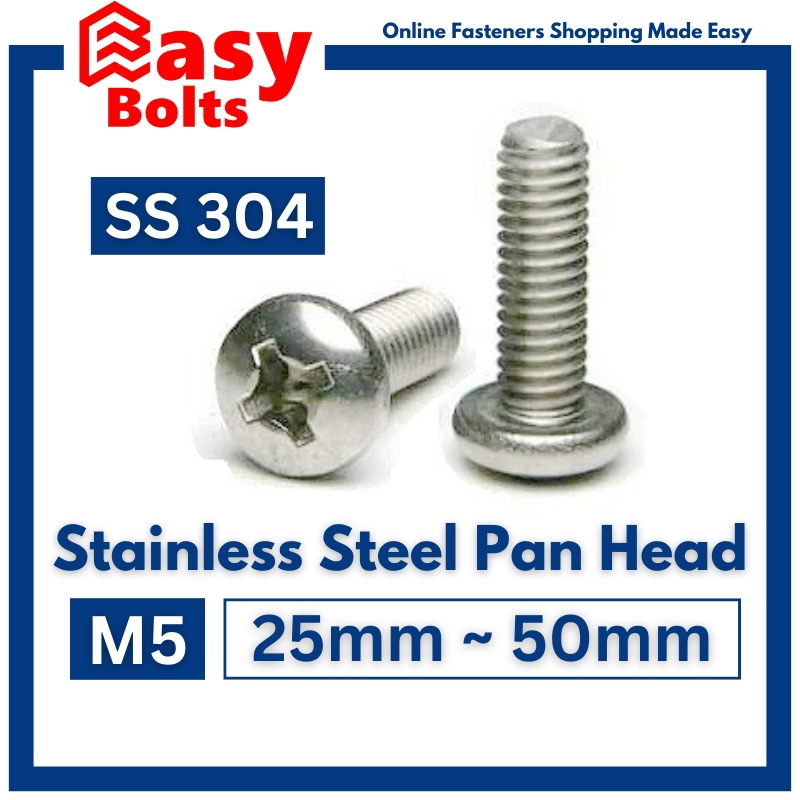 SS Pan Head Machine Screw M5 x 25mm ~ 50mm (Coarse Thread Pitch 0.8mm ...