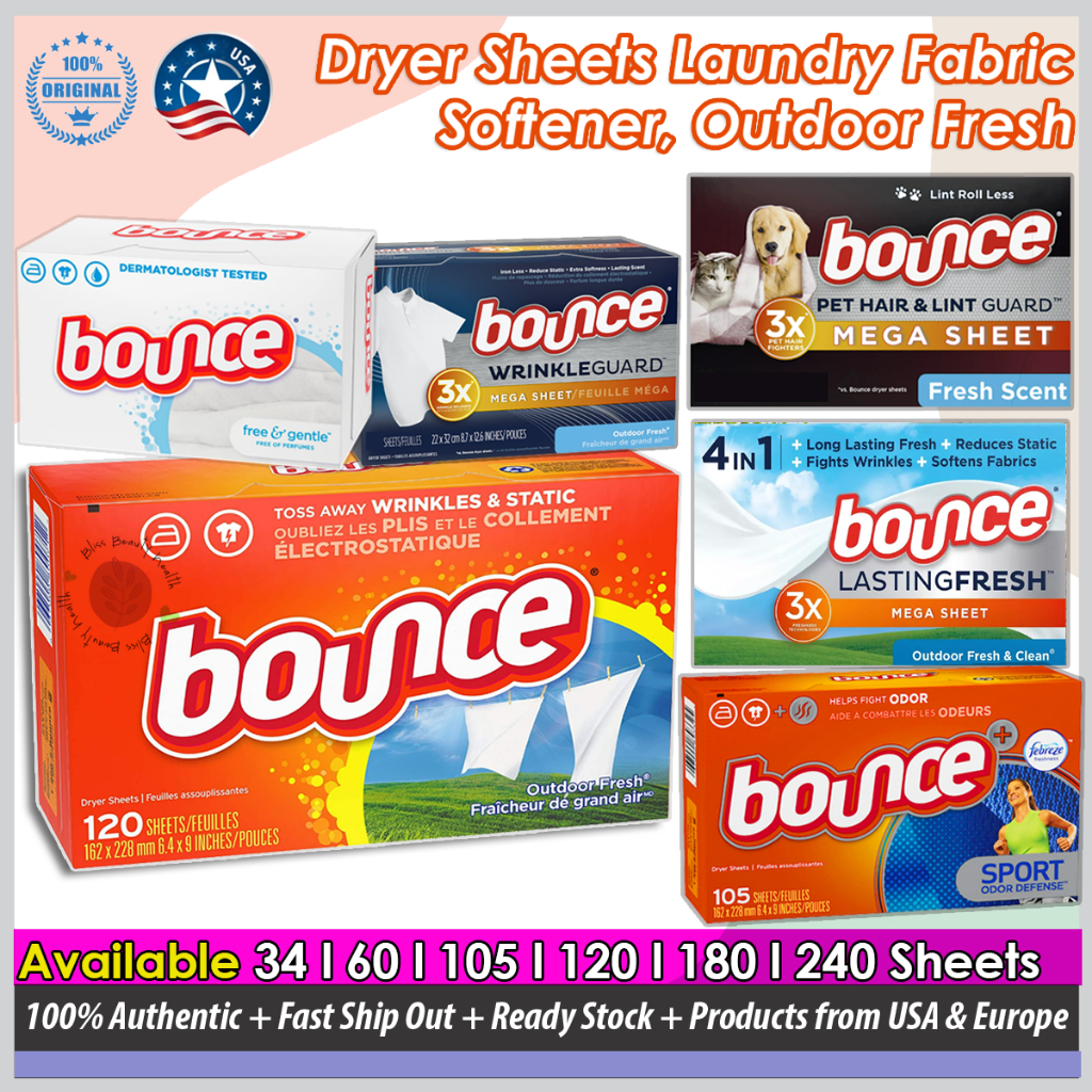 (USA Version) Bounce Dryer Sheets Laundry Fabric Softener, Outdoor ...