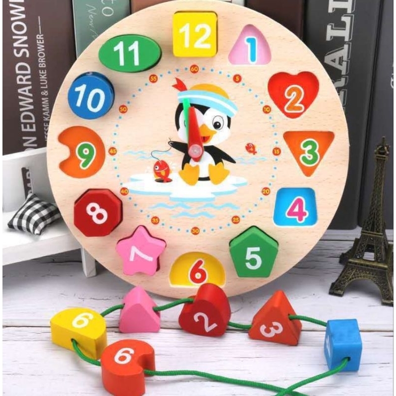 Wooden Clock Toys With Blocks Teaching Time Number Block Shape Color ...