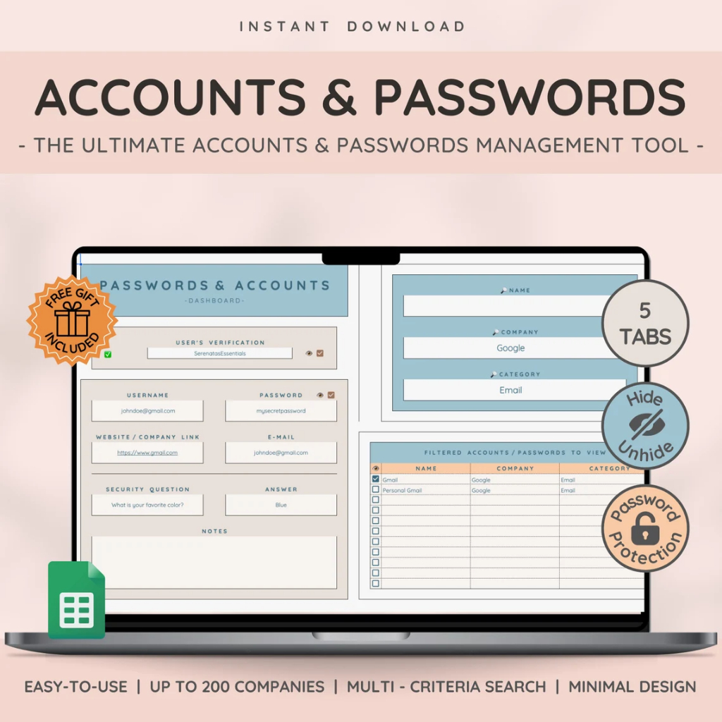 Password & Accounts Tracker Spreadsheet Template for Google Sheets ...