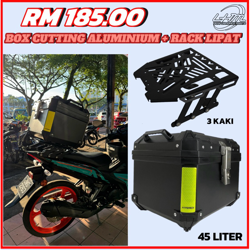 TOP BOX BELAKANG MOTOR CUTTING ALIMINIUM SAIZ 45 LITER + RACK LIPAT 3 ...