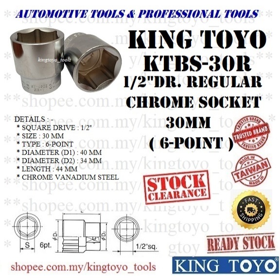 KTBS-30R ~ 2025 Original KING TOYO 1/2"Dr. Regular Chrome Socket- 30mm ( 6-point ) | Shopee Malaysia