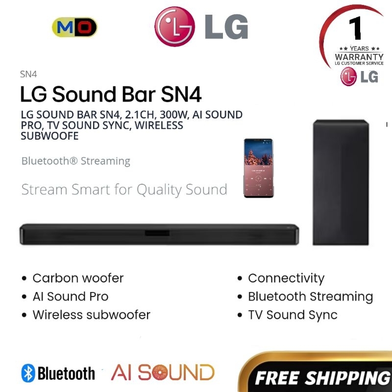FREE SHIPPING{} LG SOUND BAR SN4, 2.ICH, 300W, AI SOUND PRO, TV SOUND SYNC, WIRELESS SUBWOOFER ...