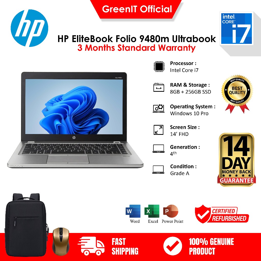 HP Elitebook Folio 9480m / Intel Core i7 / 4th Gen / 8GB RAM / 256GB ...