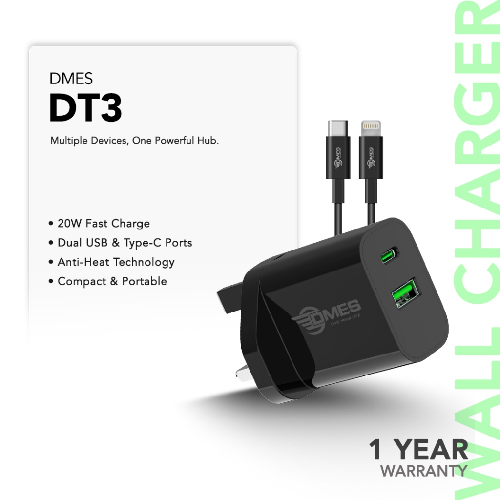 Dmes DT3 20W Fast Charger Adapter Dual Port USB C USB A PD Charging Set Smart Chip Lightweight ...