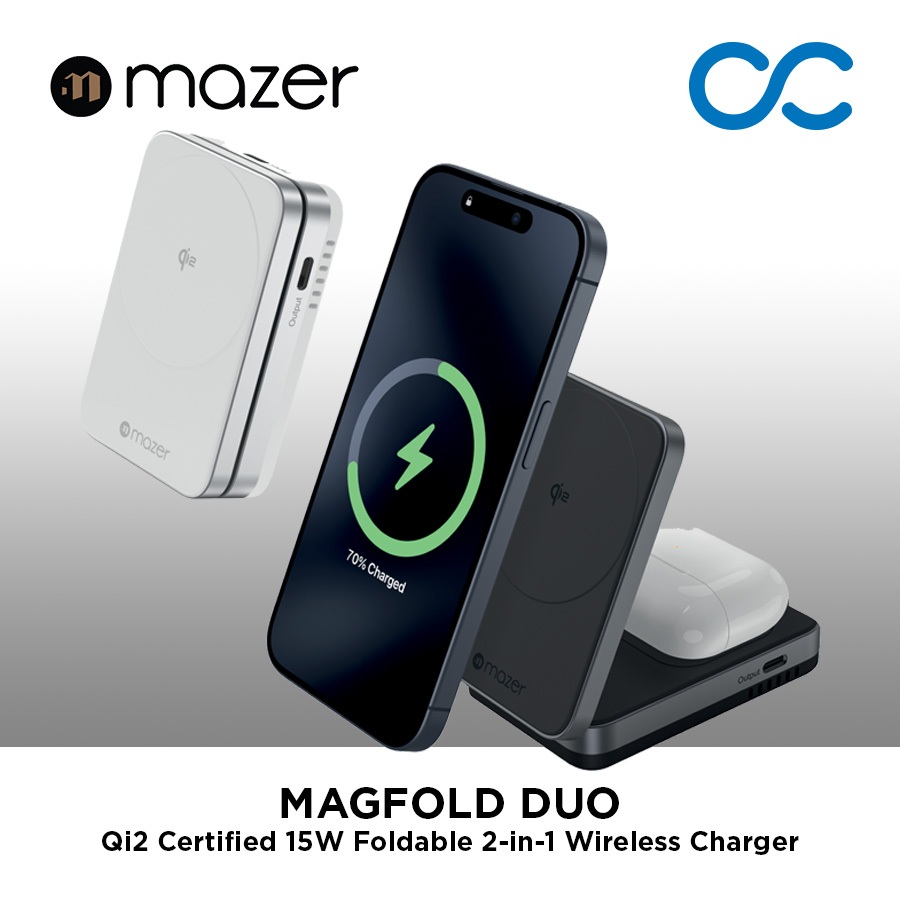 Mazer MagFold Duo+ Qi2 Certified 15W Foldable 2-in-1 Wireless Charger ...