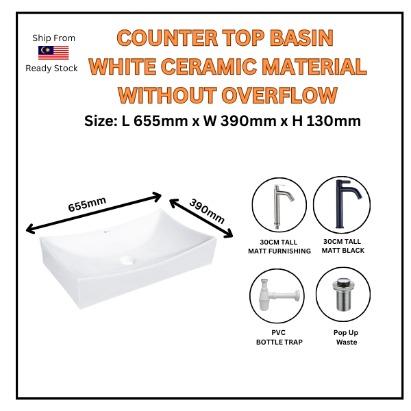 DOCASA 655mm Gloss White Ceramic Counter Top Wash Basin Without ...
