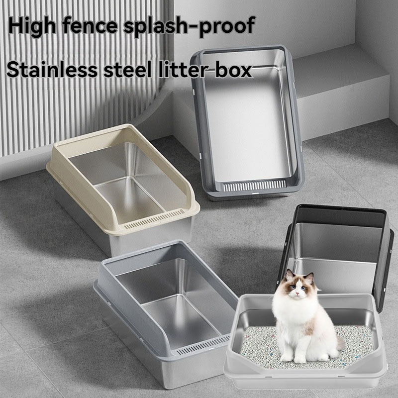 Stainless steel cat litter box with high side walls and metal cat ...