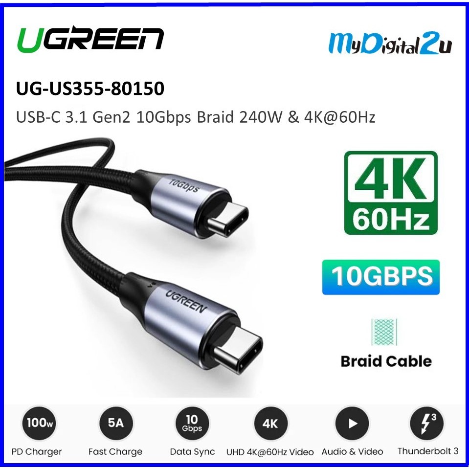 UGREEN *UG-US355-80150 USB-C 3.1 Gen2 Male to Male Braid Cable for Charging 240W Power & 10Gbps ...