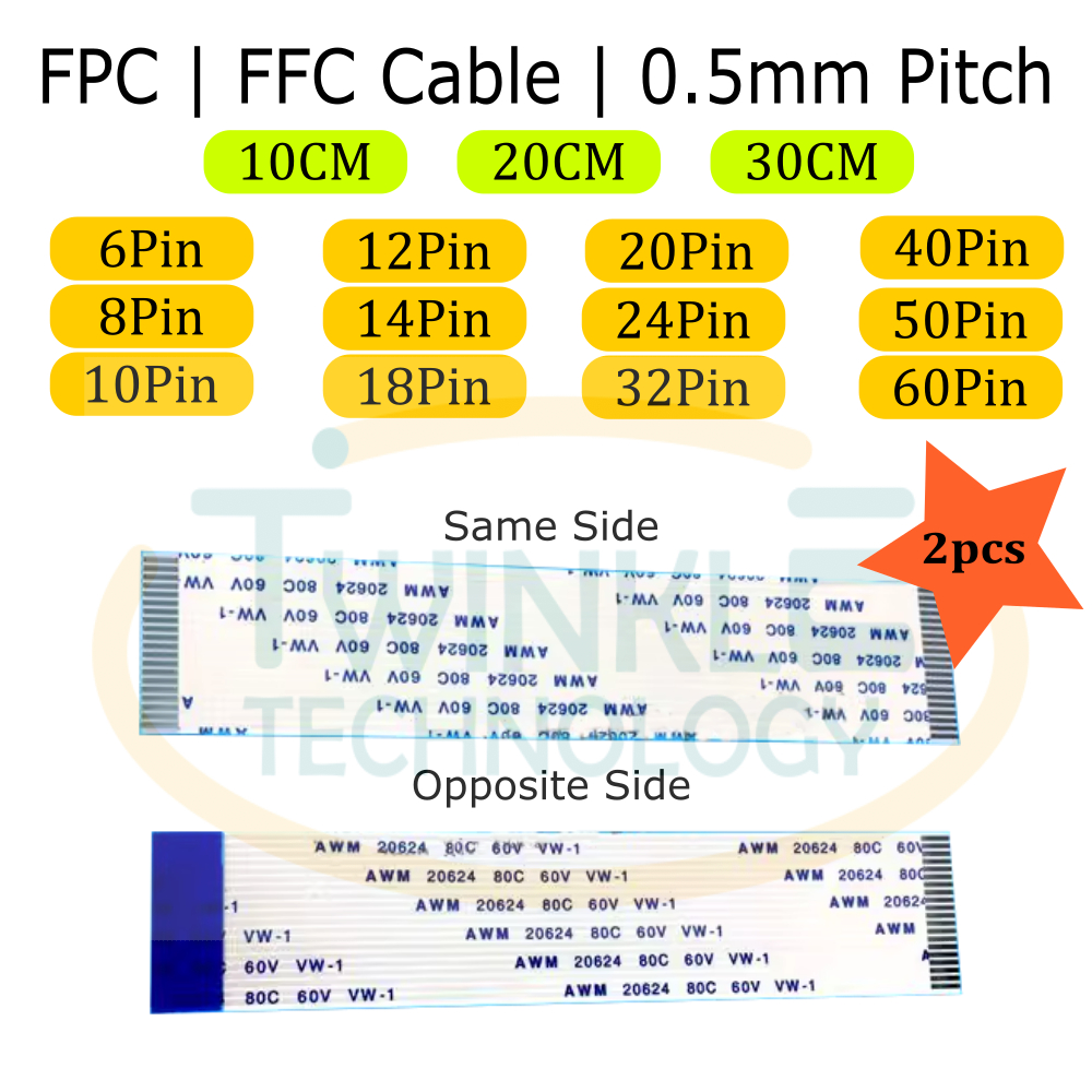 FFC FPC Flexible Flat Cable 6P, 8P,10P,12P,14P,18P,20P,24P,32P 0.5mm Pitch Same Opposite Contact ...
