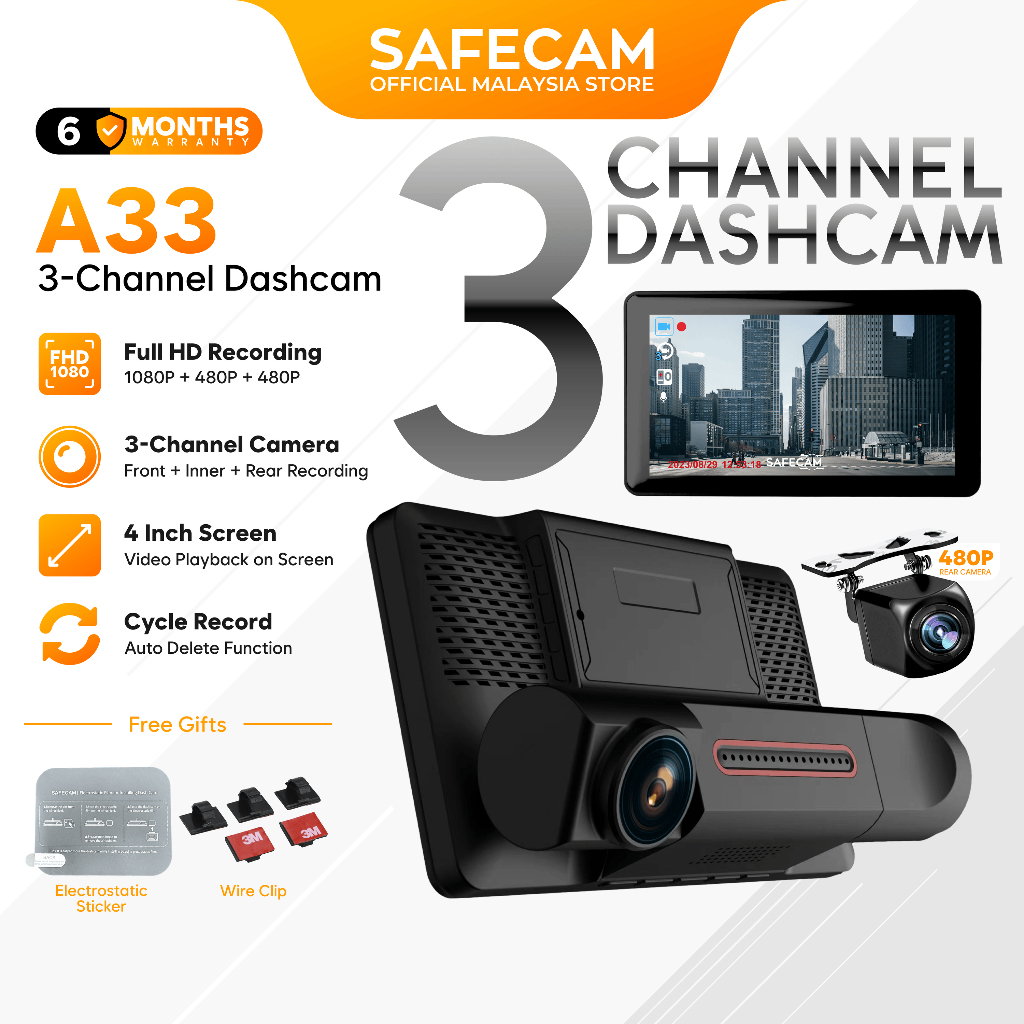 SAFECAM A33 Triple Lens 3 Camera 1080P Dashcam Front Cam + Inner Cam ...