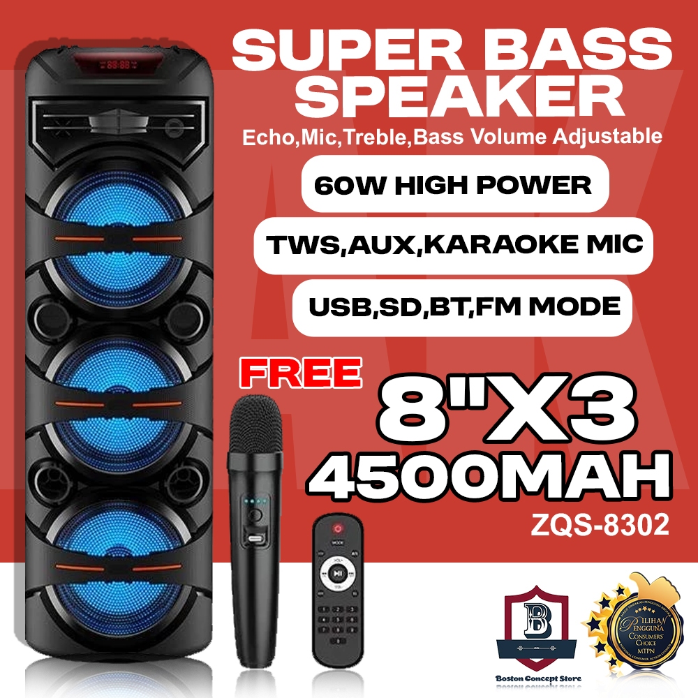 ZQS8302 Portable Tower 8 inch x 3 Speaker System Outdoor Portable Bluetooth Speaker with ...