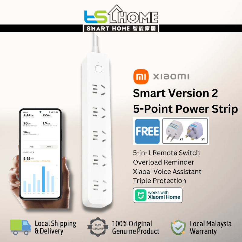 [FREE ADAPTOR] Xiaomi Mijia Smart V2 Power Strip 5 Socket Portable Plug ...