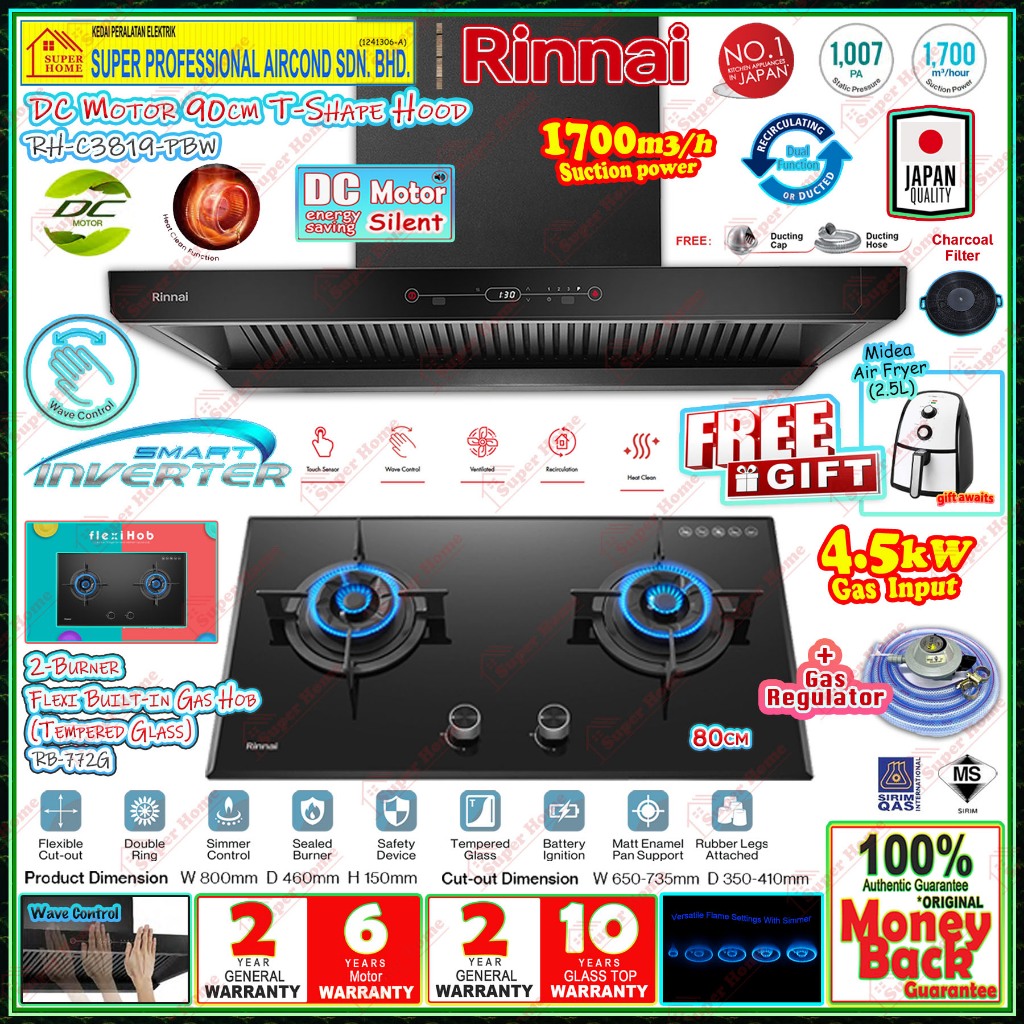 Rinnai Chimney Hood RH-C3819-PBW DC Motor / Rinnai Gas Hob RB-772G (80cm) / Rinnai Built-In Oven ...