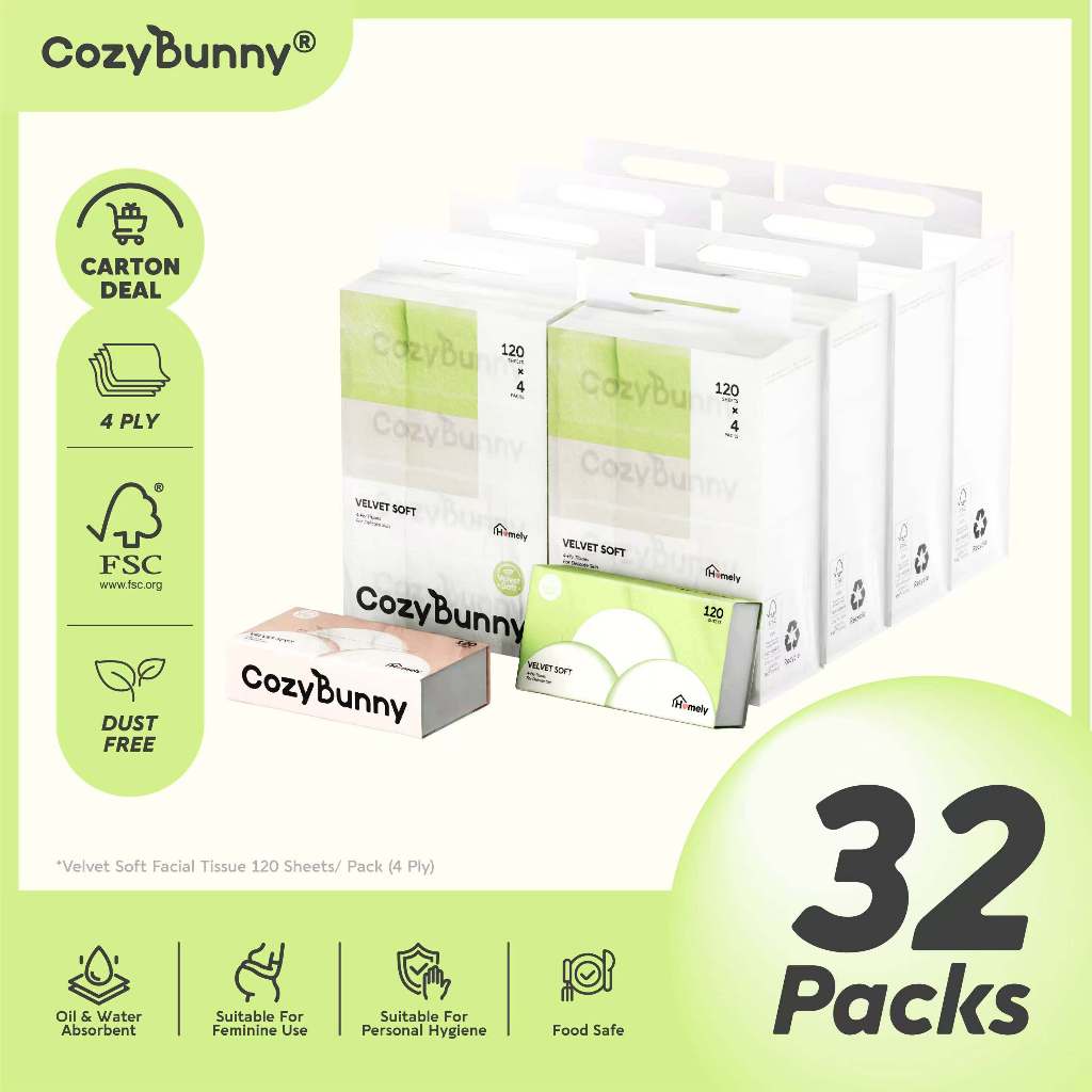 CozyBunny Velvet Soft 4 Ply Facial Tissues CARTON DEAL (32 Packs= Total ...
