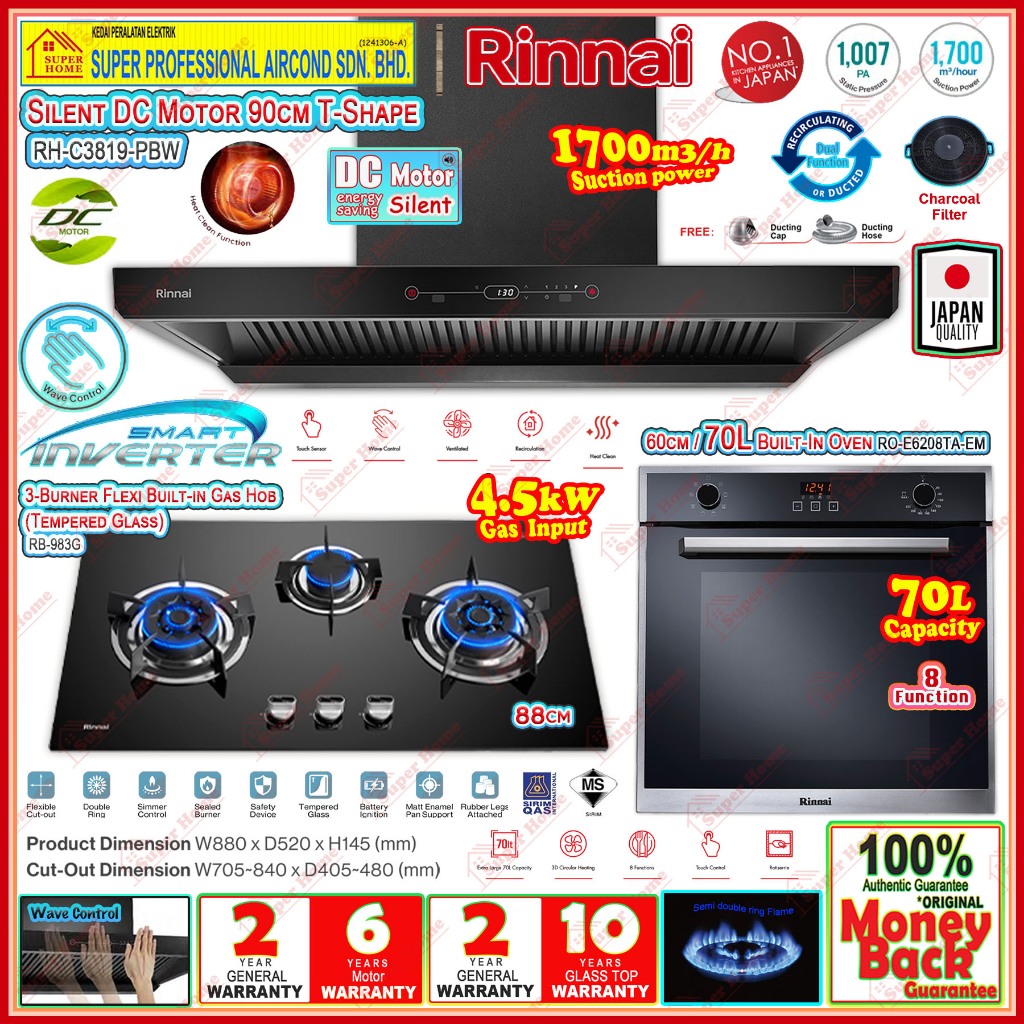 Rinnai Chimney Hood RH-C3819-PBW DC Motor / Rinnai Gas Hob RB-773G (80cm) / Rinnai Built-In Oven ...