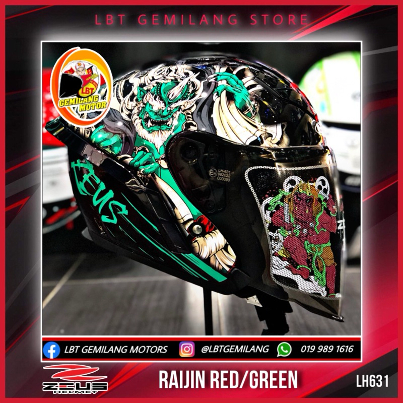 ZEUS Helmets LH631 [RAIJIN GREEN/RED] | Shopee Malaysia