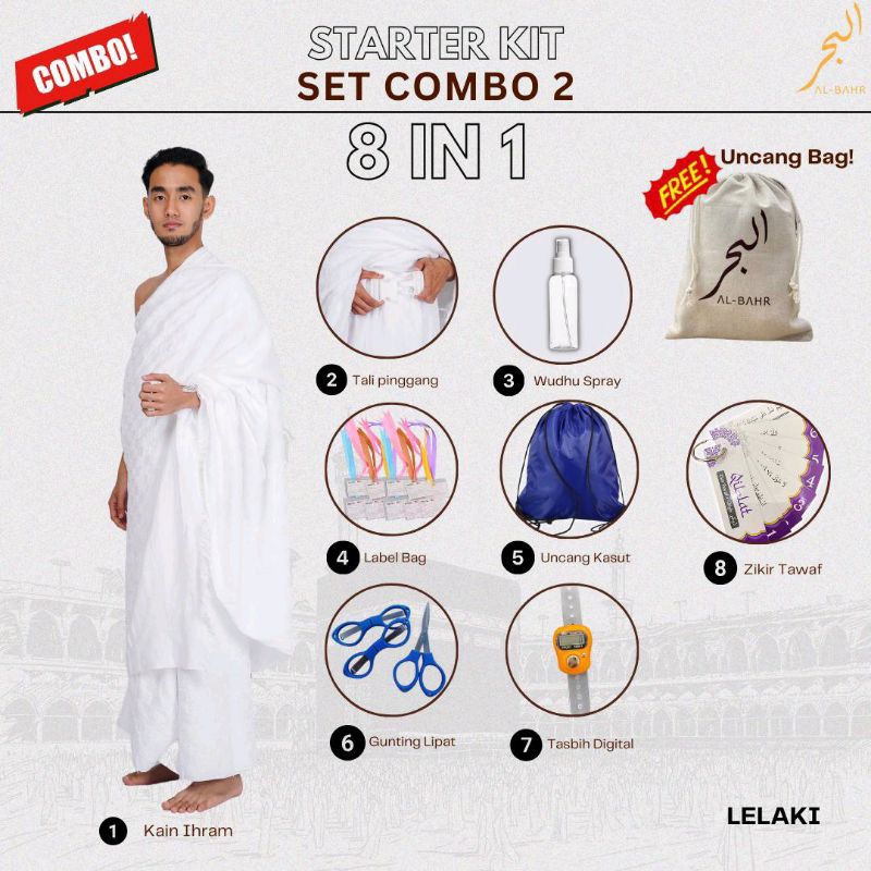 AL-BAHR Set COMBO 2 ( Lelaki ) 8 in 1 : Kain Ihram + Tali Pinggang ...
