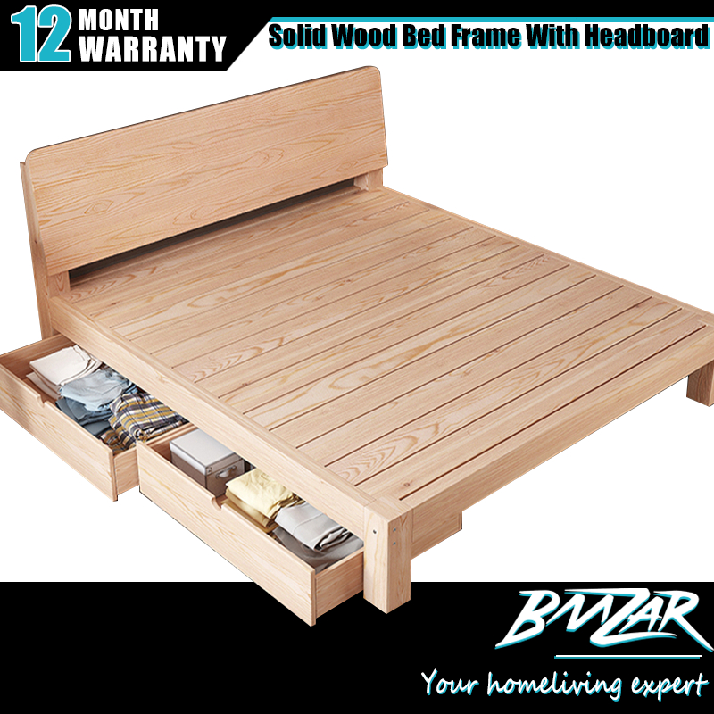 𝐁𝐌𝐙𝐀𝐑 Solid Wood Bed Frame With Headboard Katil Kayu Queen Size Bed ...