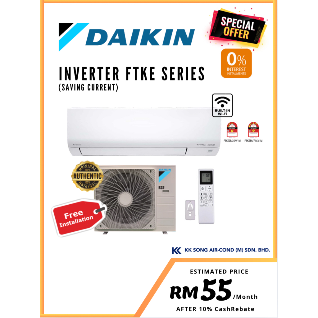 [0% Instalment + Free Installation] Daikin Inverter FTKE 3 Star Air Conditioner Smart Control ...