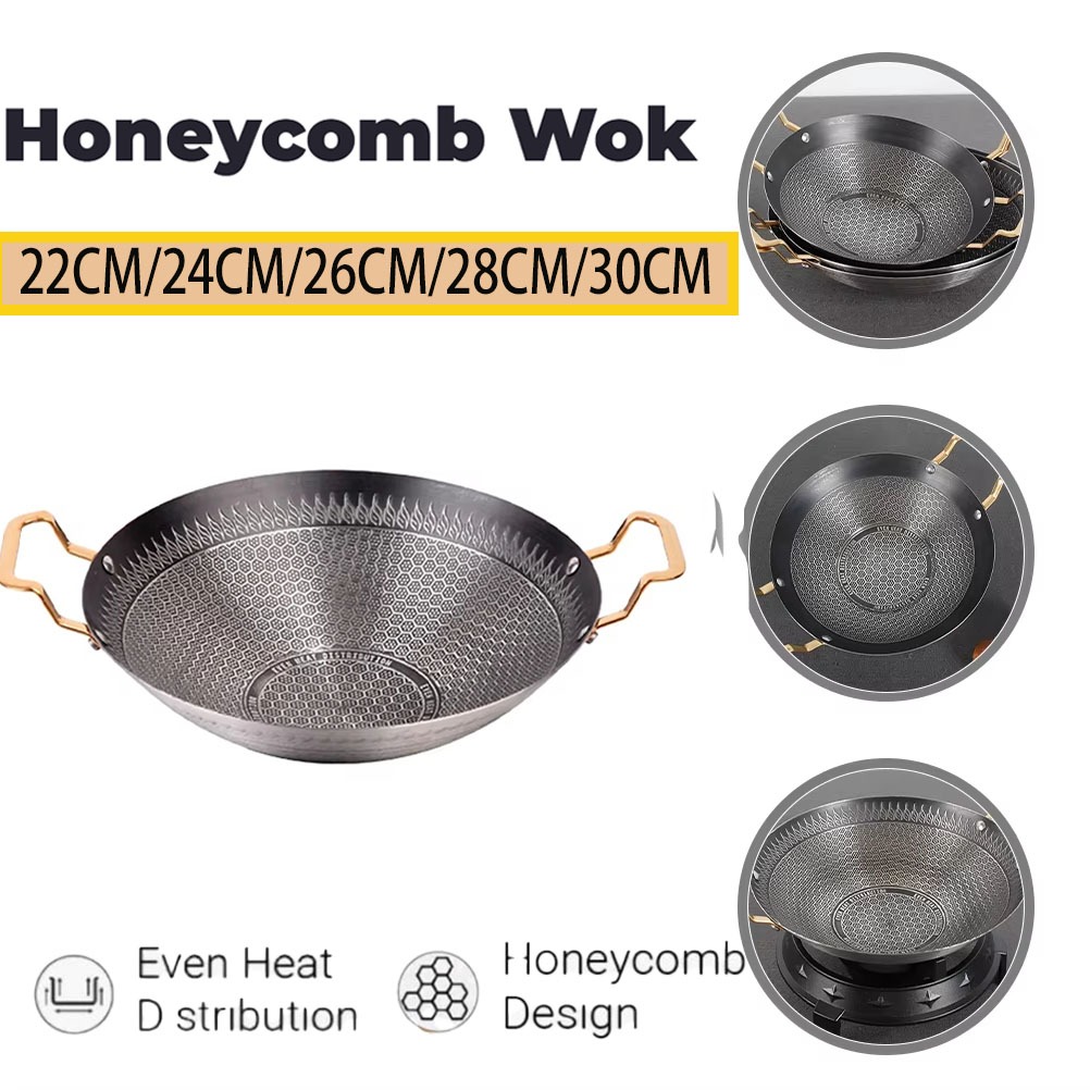 【24h】Kuali Honeycomb Original Wok Stainless Steel Kuali Hitam Tak Melekat Non Stick Wok 22cm ...