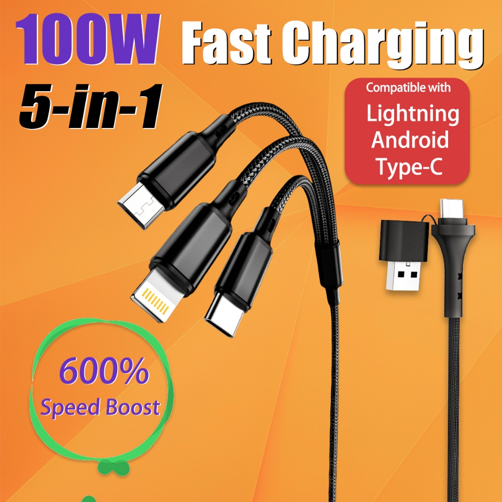 5-in-1 Multi Charging Cable 100W Fast Cord Charger with Android USB ...