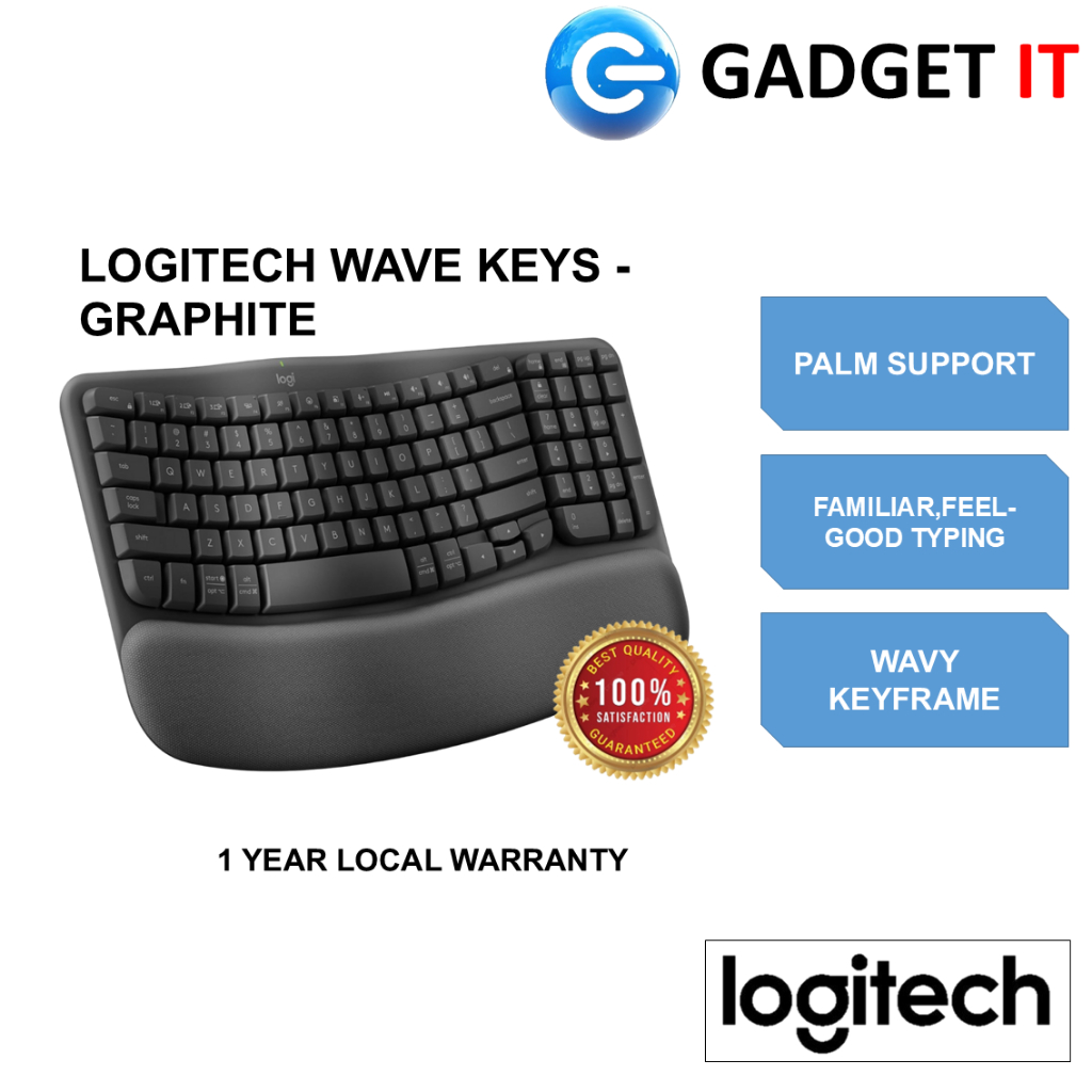LOGITECH WAVE KEYS WIRELESS ERGONOMIC KEYBOARD WITH CUSHION PALM REST ...