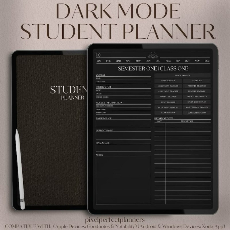 Student Digital Planner | Dark Mode Study Planner | GoodNotes School ...