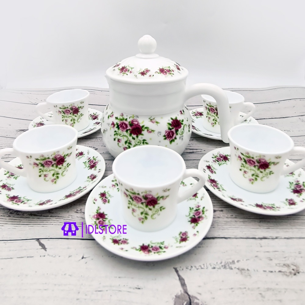 White Opal Glass Cup & Saucer Tea Set Tea Pot Coffee Cup Teko Air Panas ...