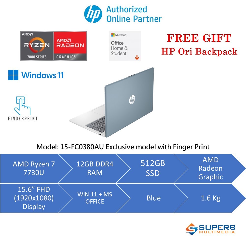 HP Laptop 15-fc0380AU Blue (AMD R7 7730U, 12gb ram, 512gb ssd, AMD ...