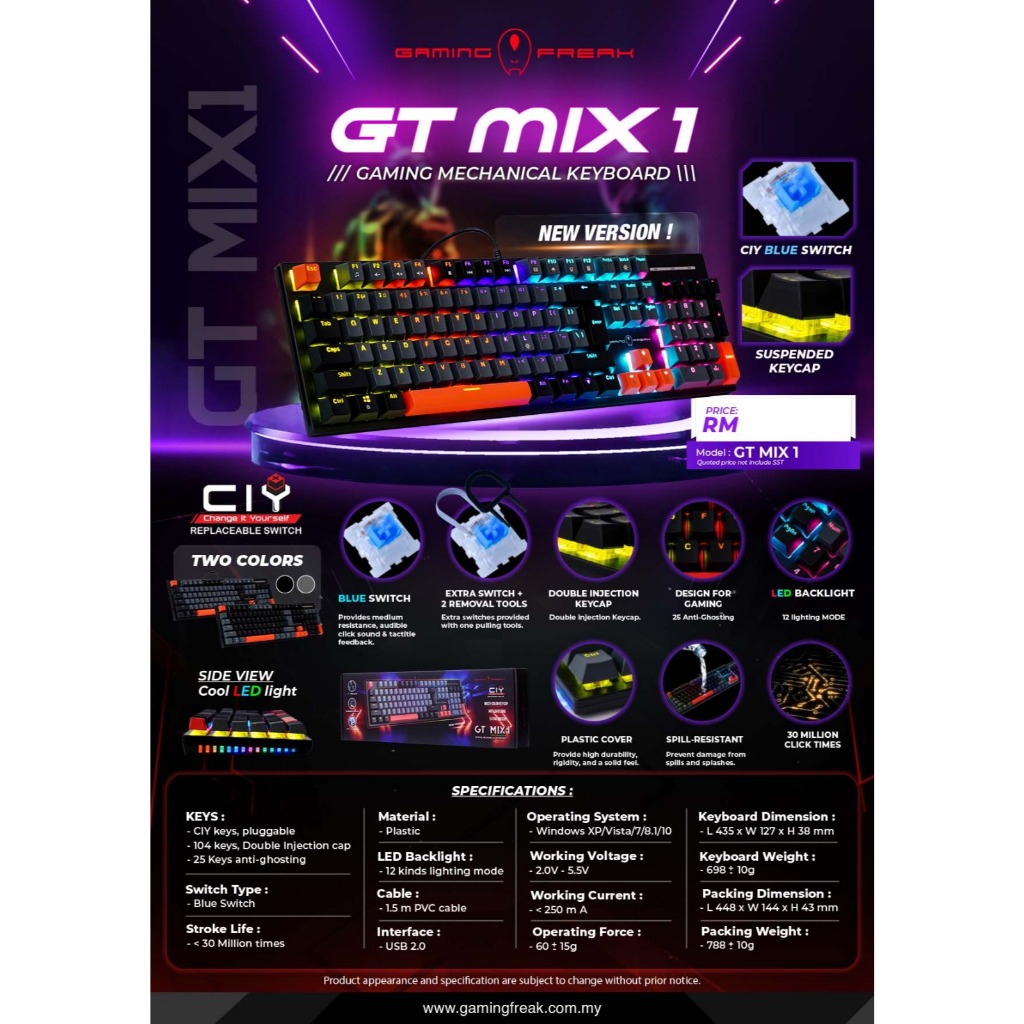 GAMING FREAK GK-GT MIX1-BBL/GBL MECHANICAL KEYBOARD | Shopee Malaysia