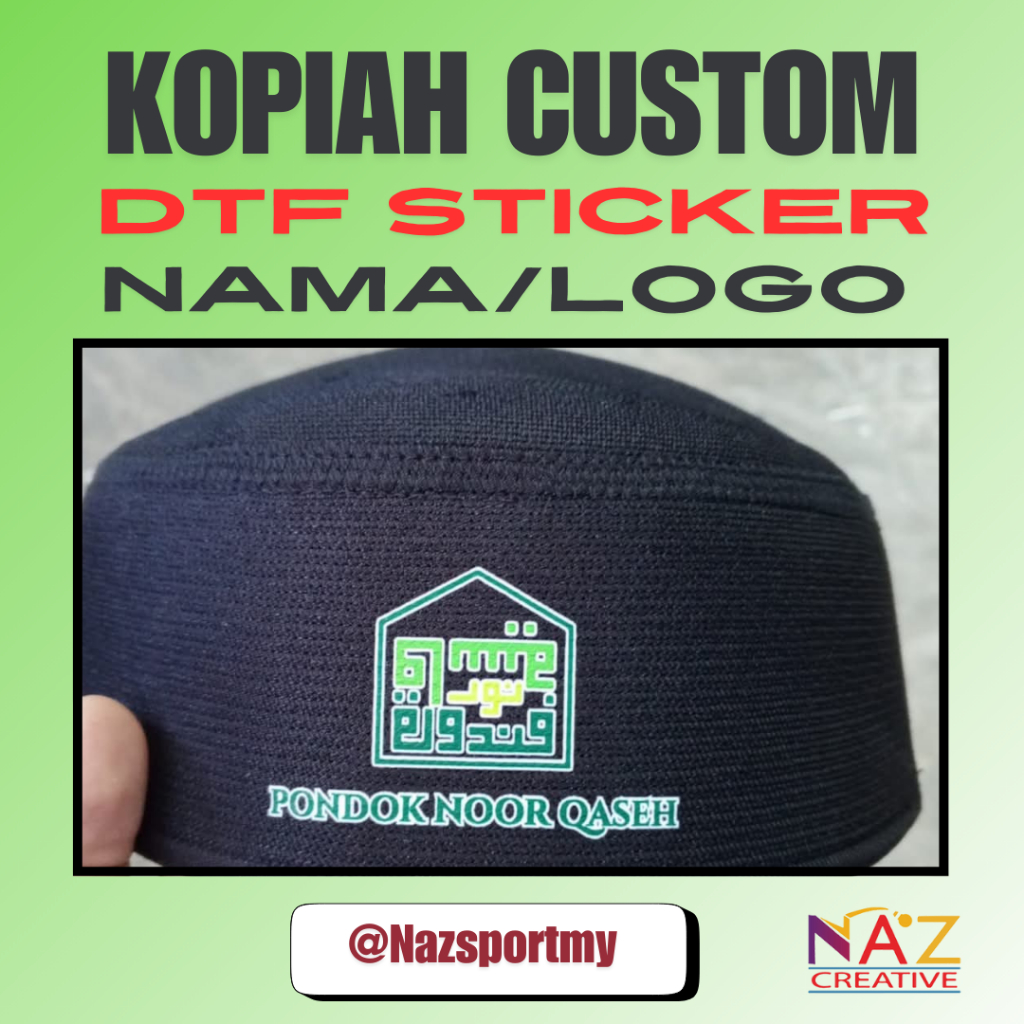 Kopiah Sticker Custom Nama Hitam Putih Budak Lelaki DTF Topiah Cetak ...