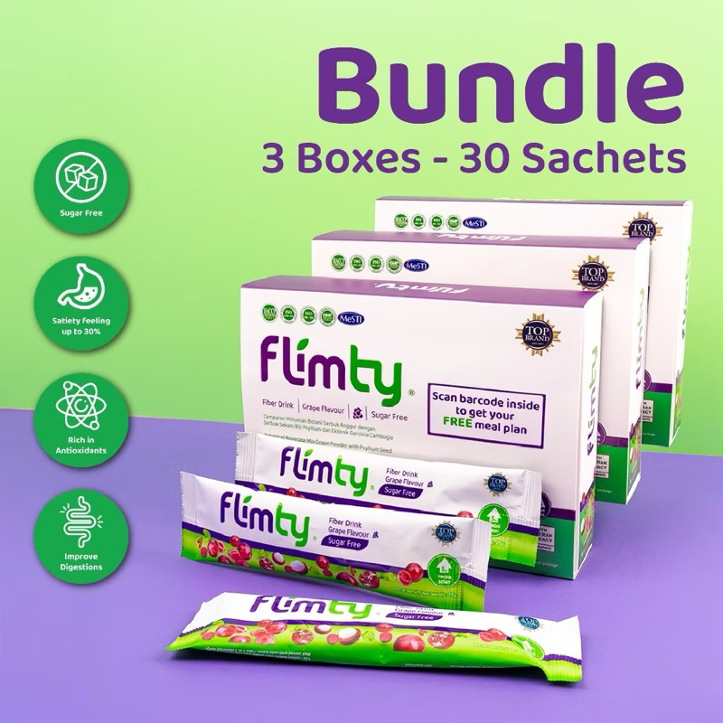 Flimty Fiber Detox Drink Grape (3Box x 10 Sachets) | Halal, Sugar-Free ...