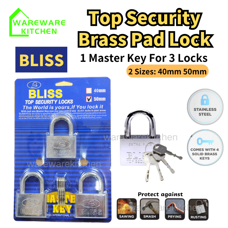 BLISS 3in1 Heavy Duty Brass Safety Lock High Security Padlock Lock Key ...