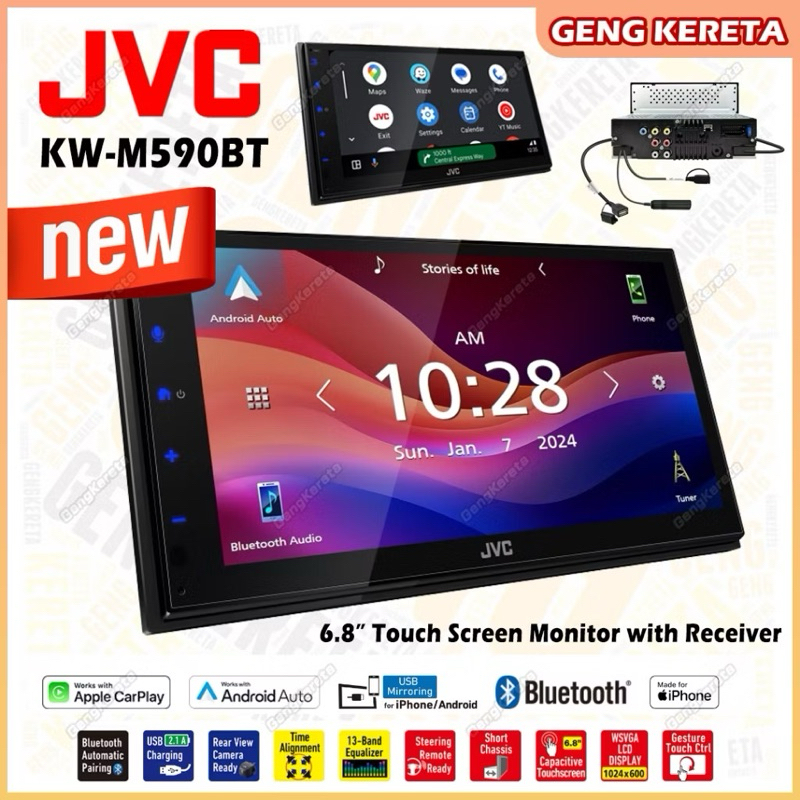 Original JVC KW-M590BT Digital Media Receiver 6.8" Capacitive Touch Monitor Double Din (Apple ...