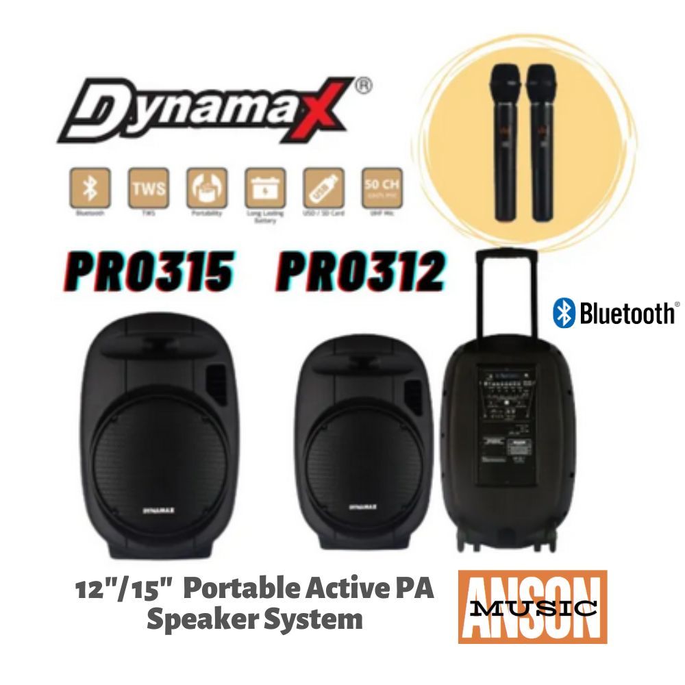 DYNAMAX PRO312 12"/15" 120W/180W Bluetooth Portable Active PA Speaker ...