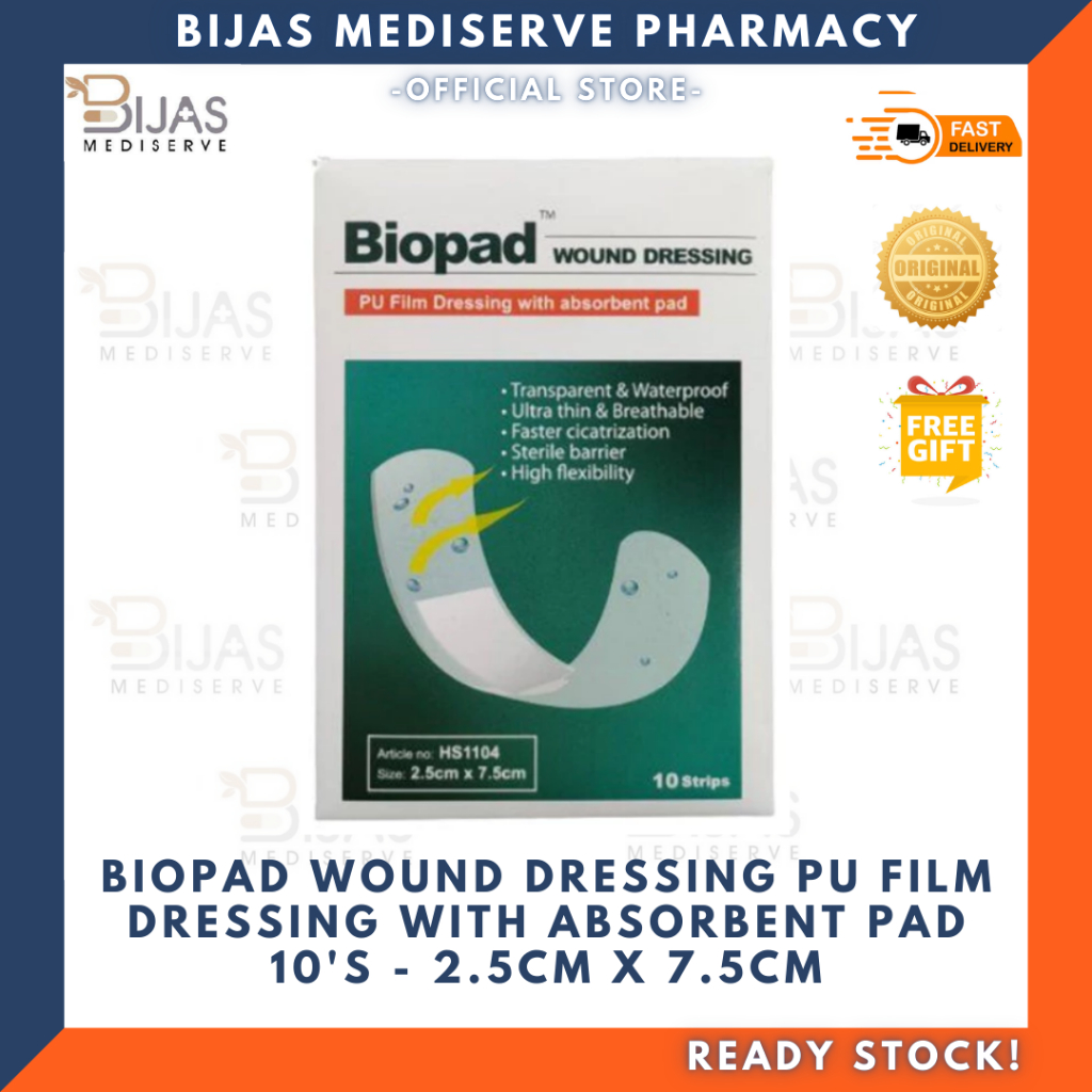 BIOPAD WOUND DRESSING PU FILM DRESSING WITH ABSORBENT PAD 10'S - 2.5CM ...
