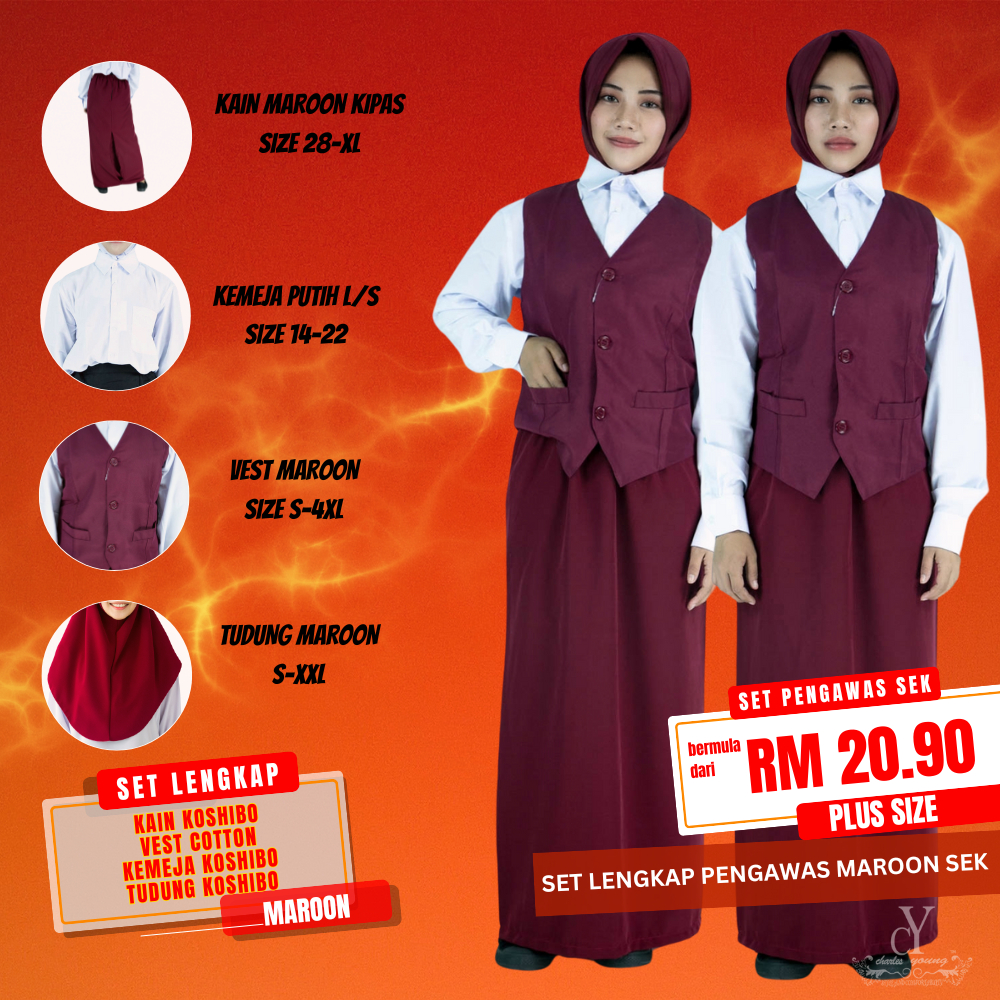 CY SET LENGKAP PENGAWAS SEKOLAH WARNA MAROON/KAIN KIPAS MAROON/KEMEJA ...