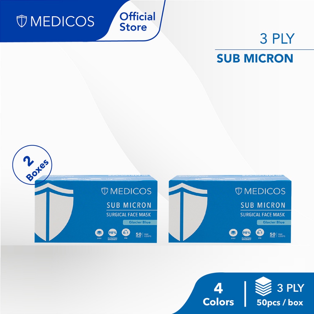 MEDICOS 3 Ply Sub Micron Surgical Face Mask - Assorted Colour (2 Boxes ...