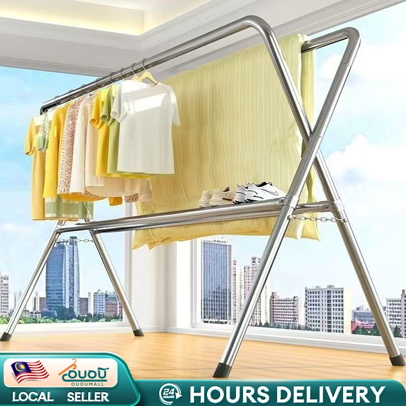 Steel pipe clothes hanger foldable floor standing household balcony ...