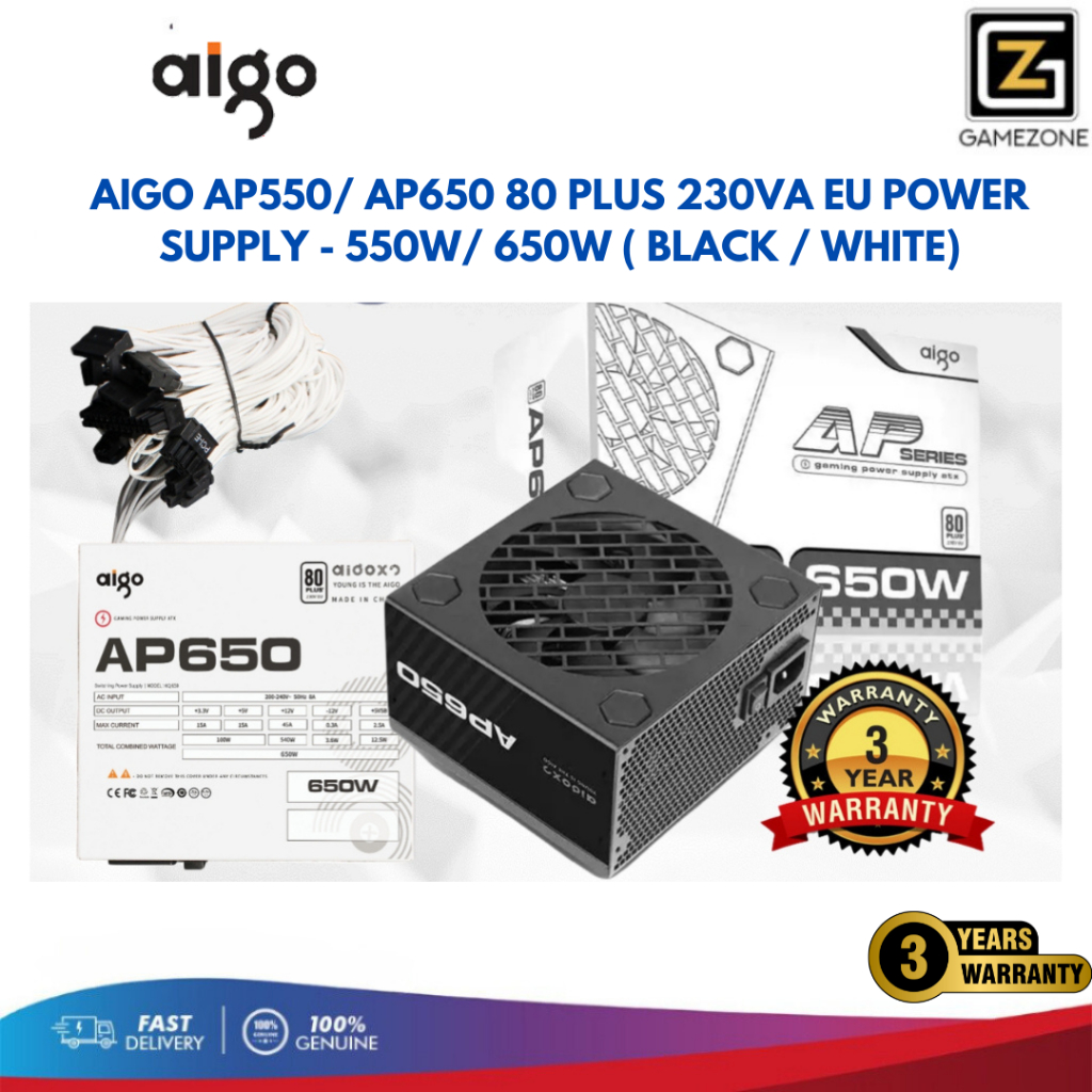 AIGO AP550 / AP650 80 PLUS 230V EU POWER SUPPLY (PSU) - 550W / 650W ( BLACK / WHITE ) | Shopee ...