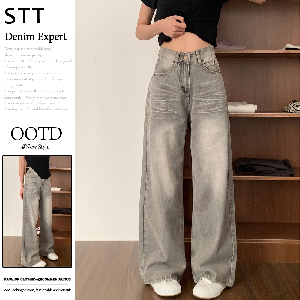 seluar jeans longgar wanita Grey high waist pants Wide leg straight ...
