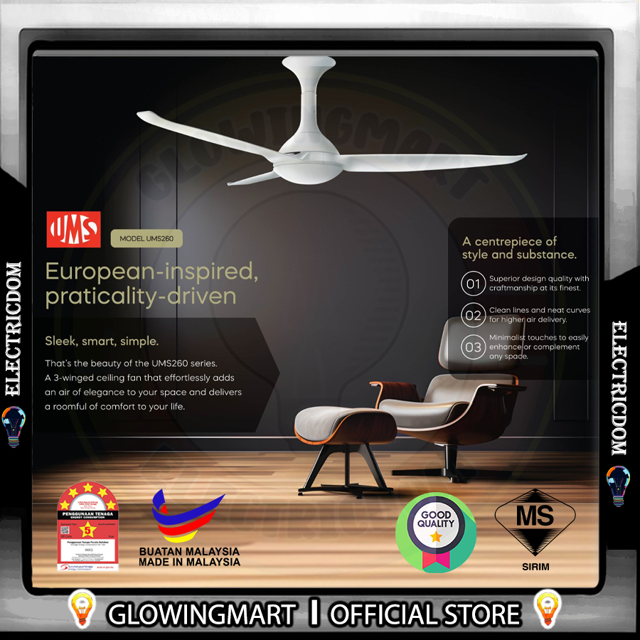 UMS 60" Ceiling Fan White UMS260AC Modern Slim Design / UMS260AC Kipas ...