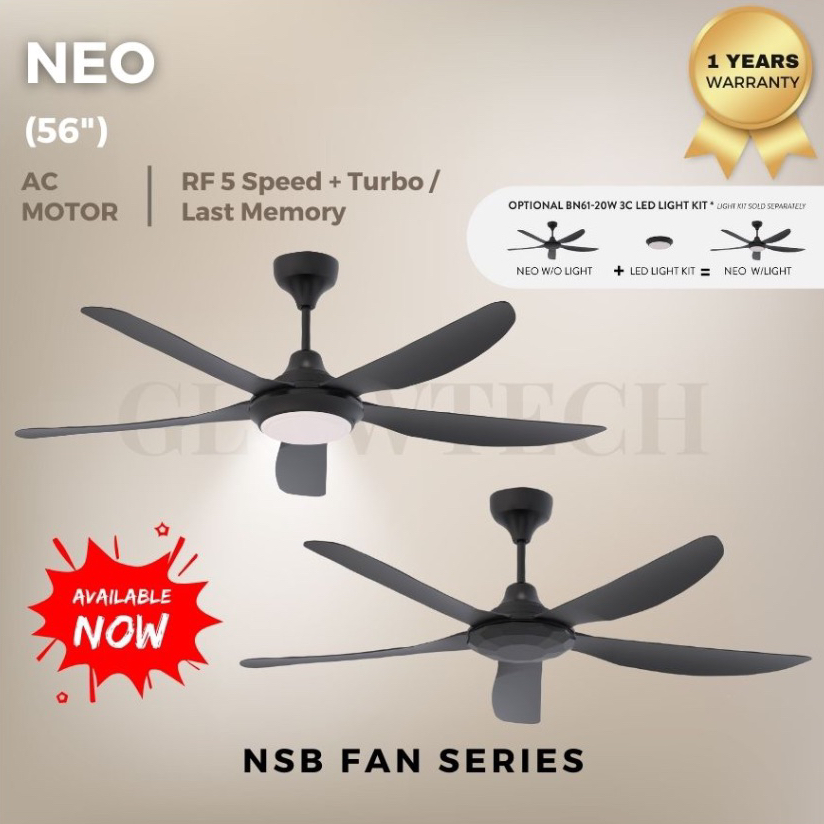 NSB FAN NEO 5 Blade 56" AC Motor Ceiling Fan Remote Control / RF 5 ...