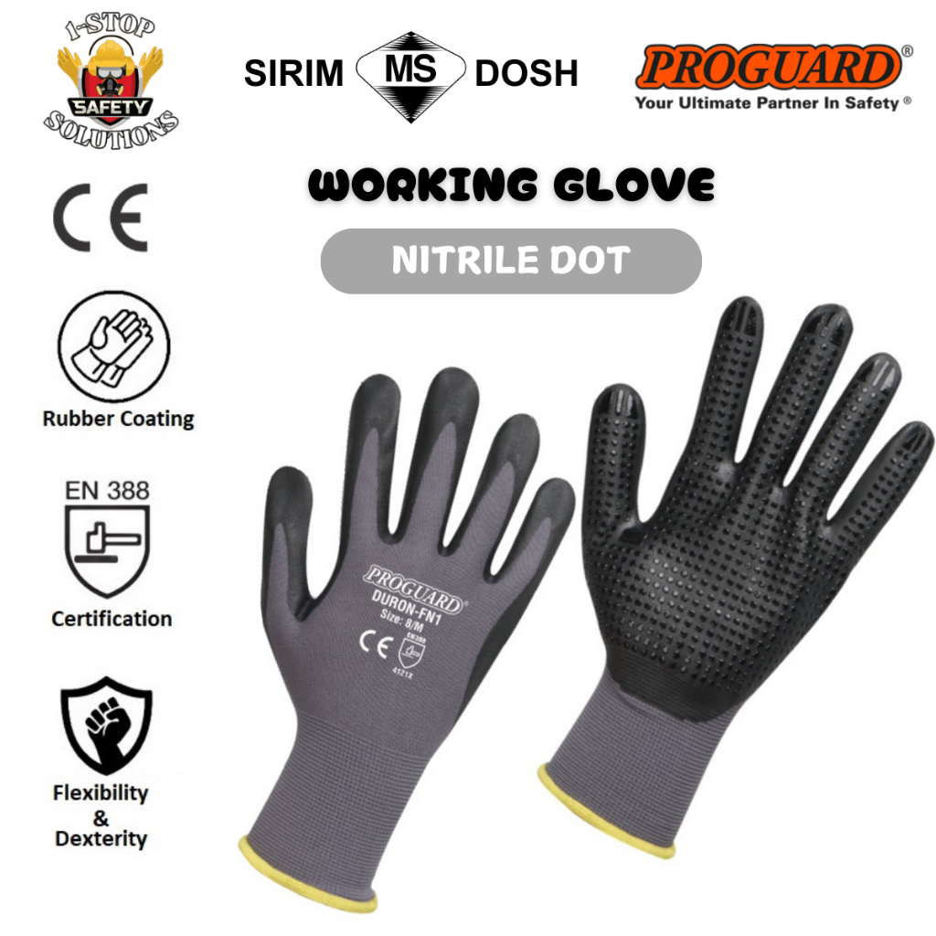 Proguard DURON 15 Gauge Black Nylon Shell Nitrile Dot Microfoam Coated ...