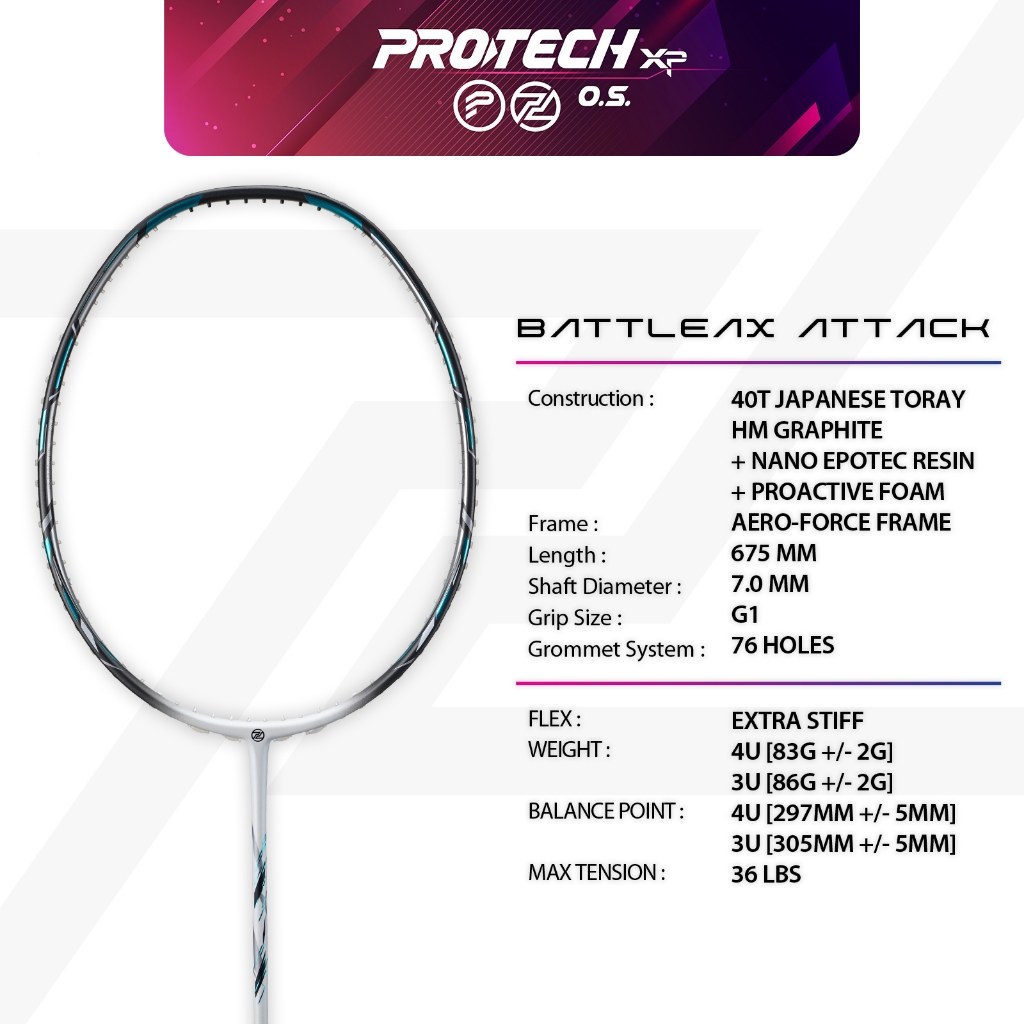 PROTECH Badminton Racket - Battleax Attack (3U)(MAX 38LBS) (FREE String ...