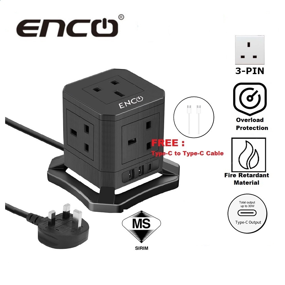 Enco (3U5K) Vertical Tower Cube Extension 2M 5 Way 2 USB-A Slots +1 USB ...