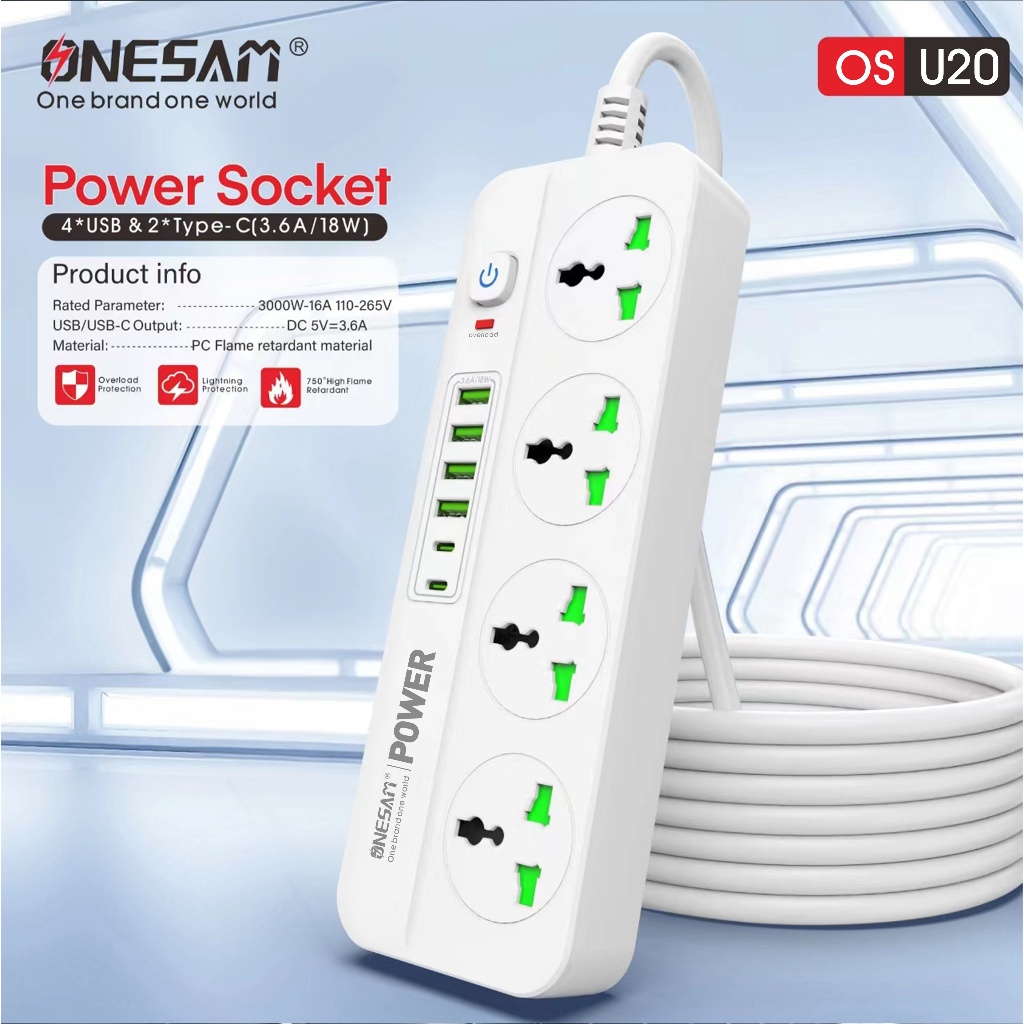 ONESAM OS-U20 Power Socket Charger / 2 PD + 4 USB Output + 4 Universal ...