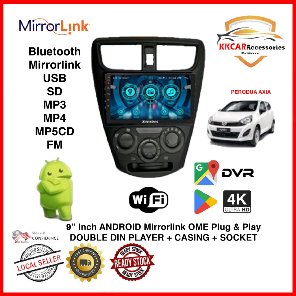 Perodua Axia 9 inch android mirrorlink double din casing socket media ...